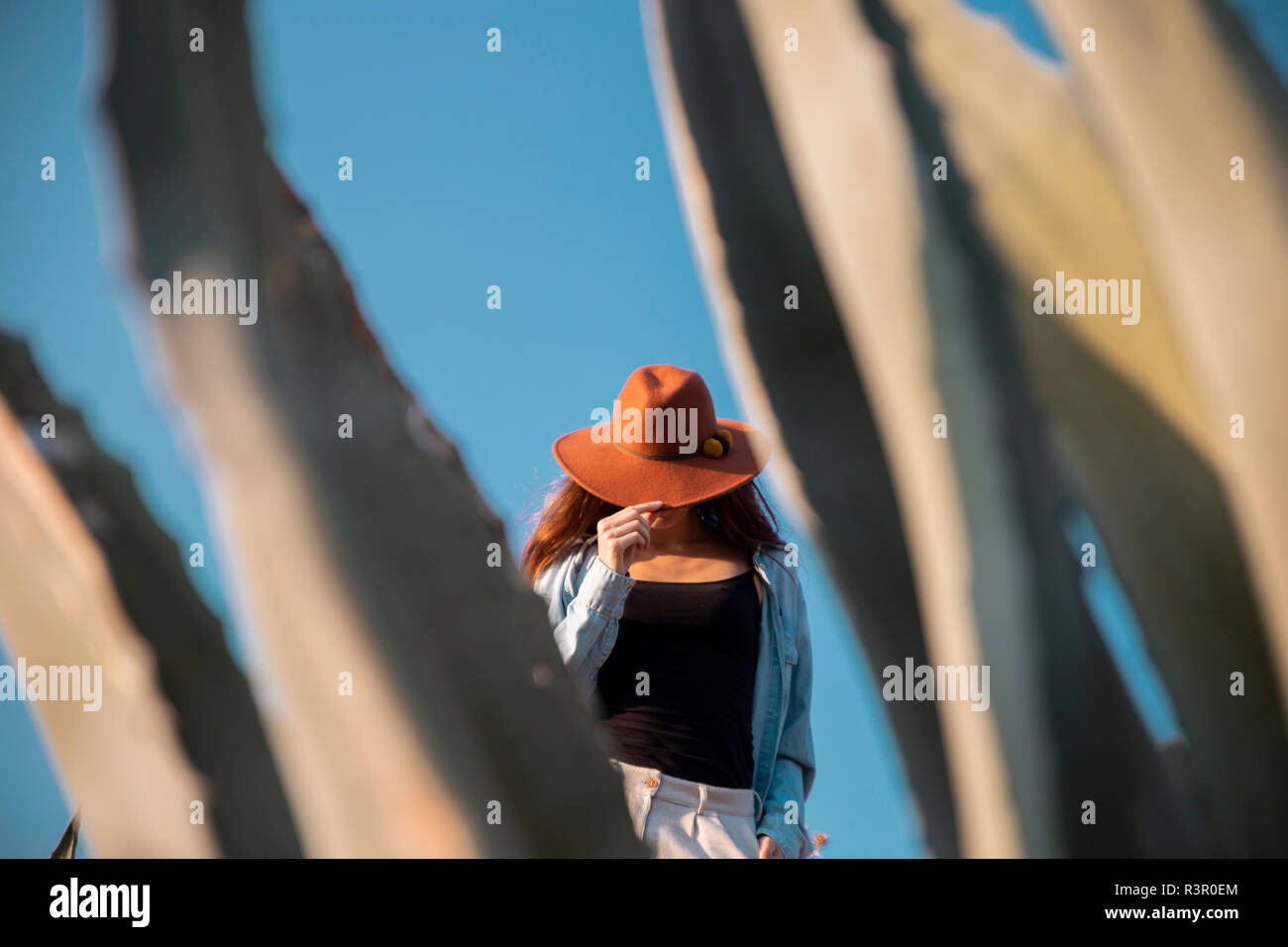 Woman face behind hat hi-res stock photography and images - Alamy