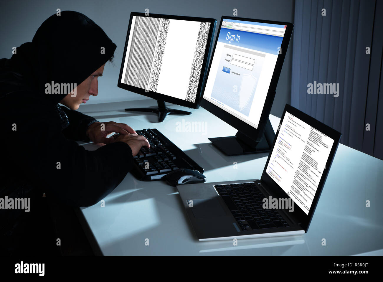 Male Hacker Using Computers Stock Photo - Alamy