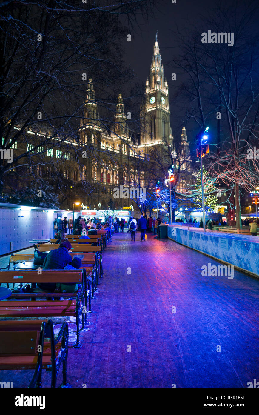 Austria, Vienna, Rathausplatz ice skating rink by Town Hall, Christmas ...