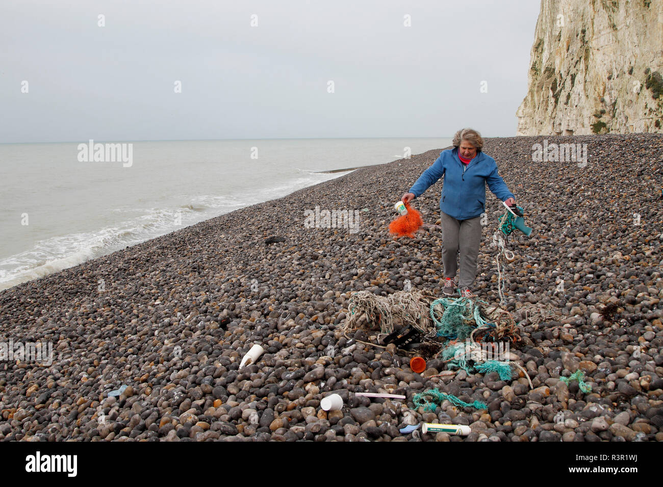 Waste collection on the beach of Pourville-sur-Mer, Normandy, France ...