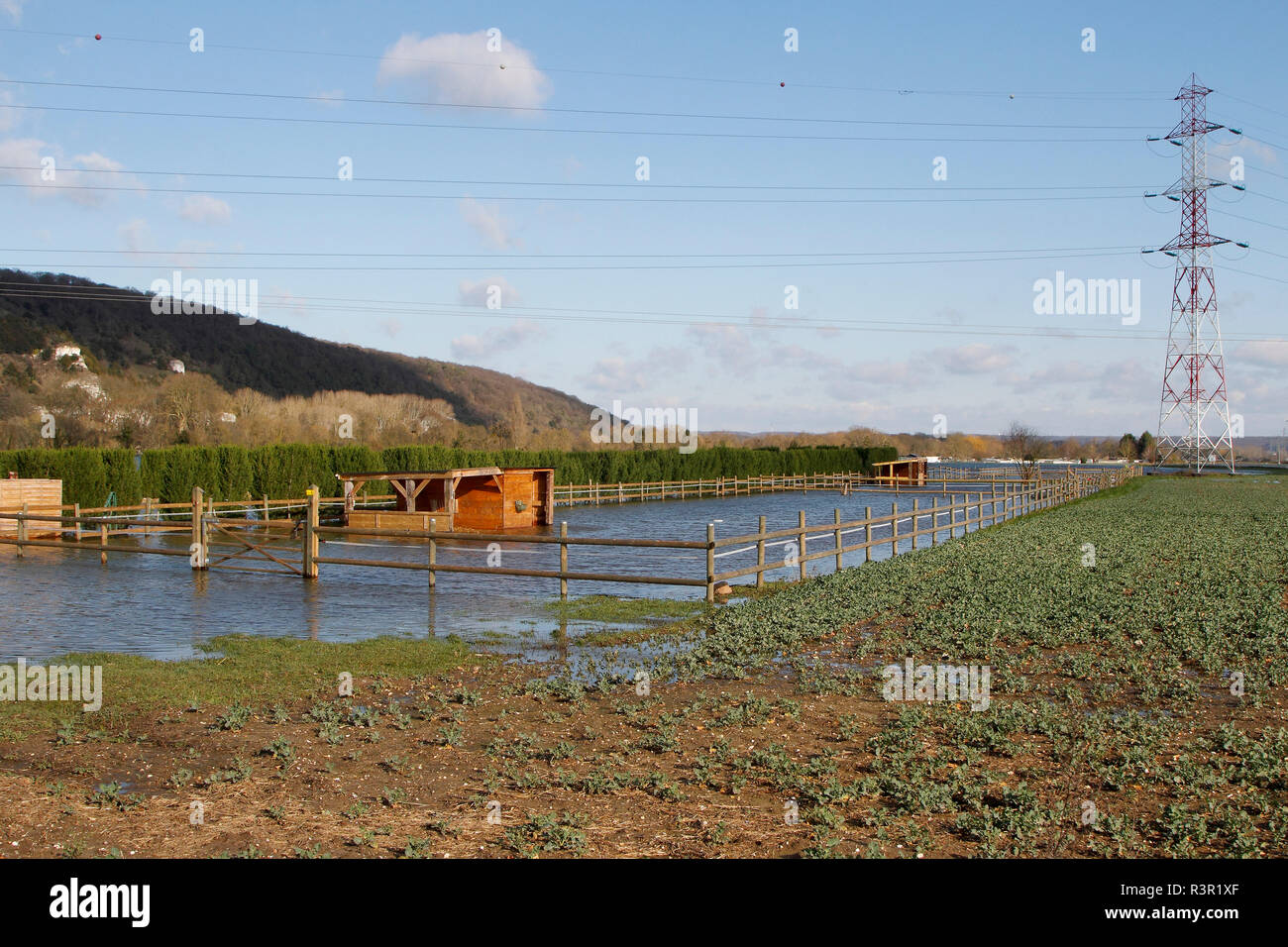 Flooded field due to the flood of the Seine on 03/02/2018 in Cleon ...