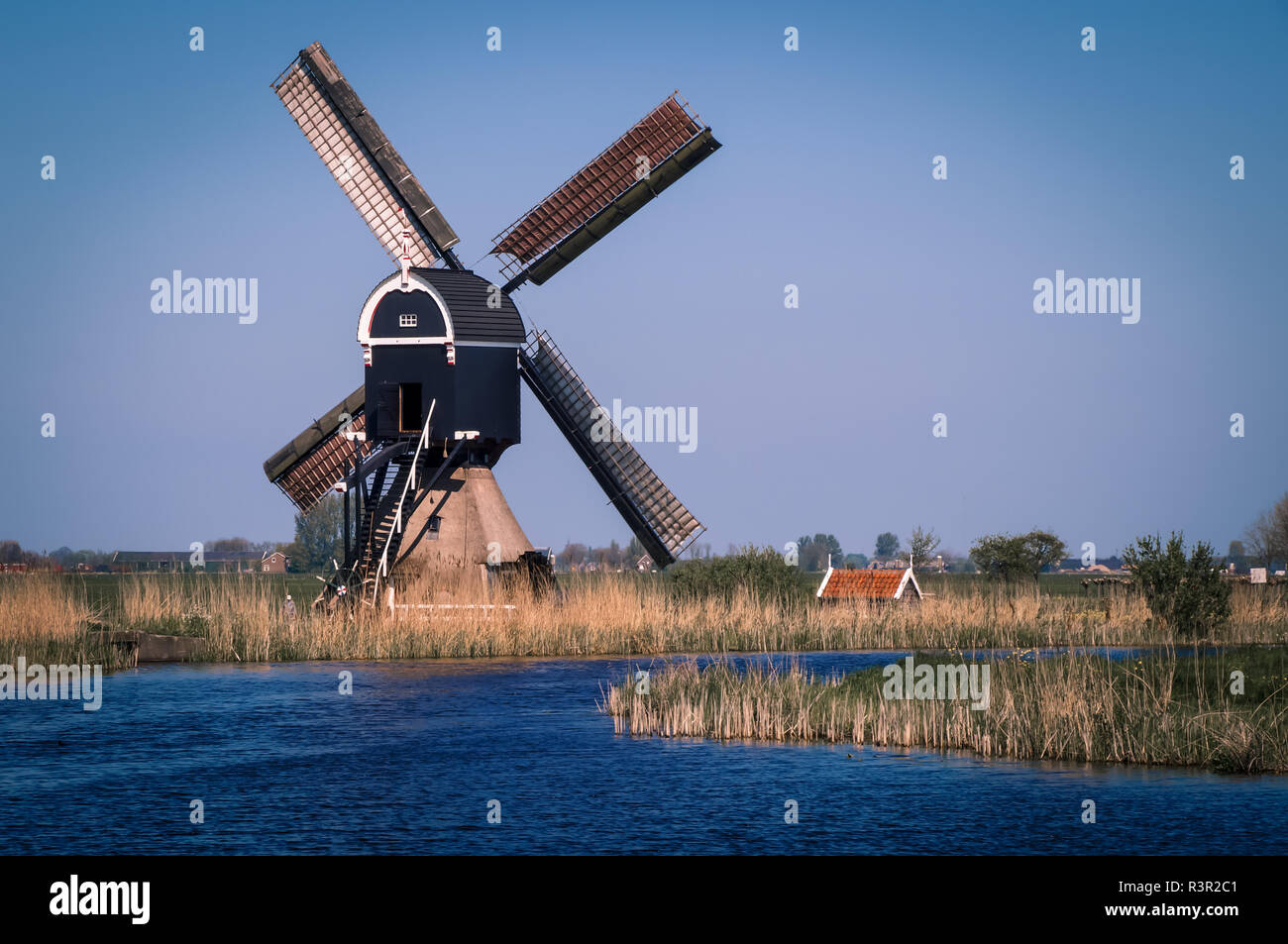 Typical Dutch polder landscape with traditional windmill against blue ...