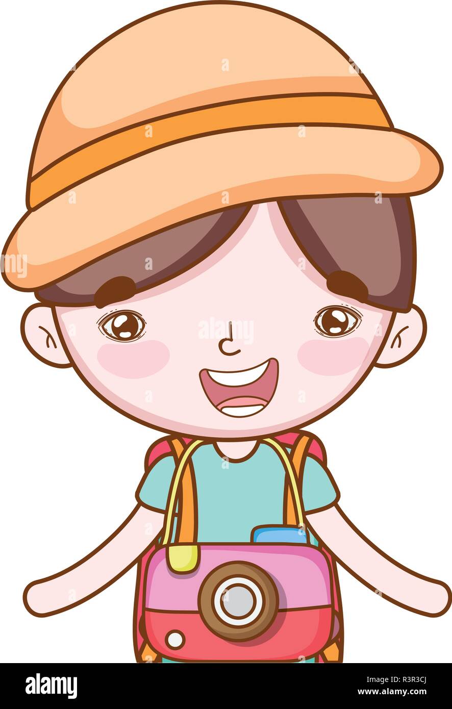 traveler with travel elements boy with hat camera half body in white ...