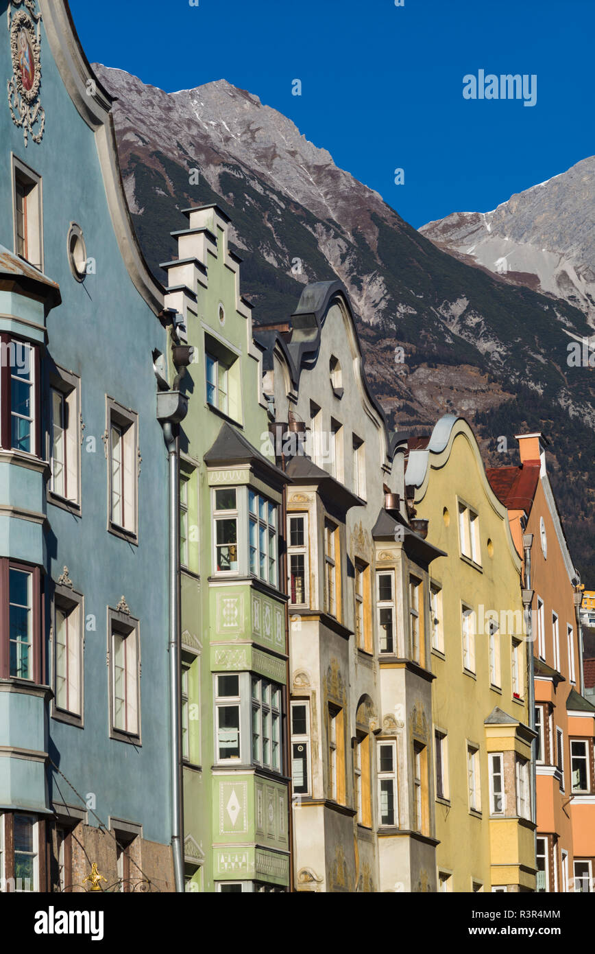 Austria, Tyrol, Innsbruck, buildings along the Inn River riverfront ...