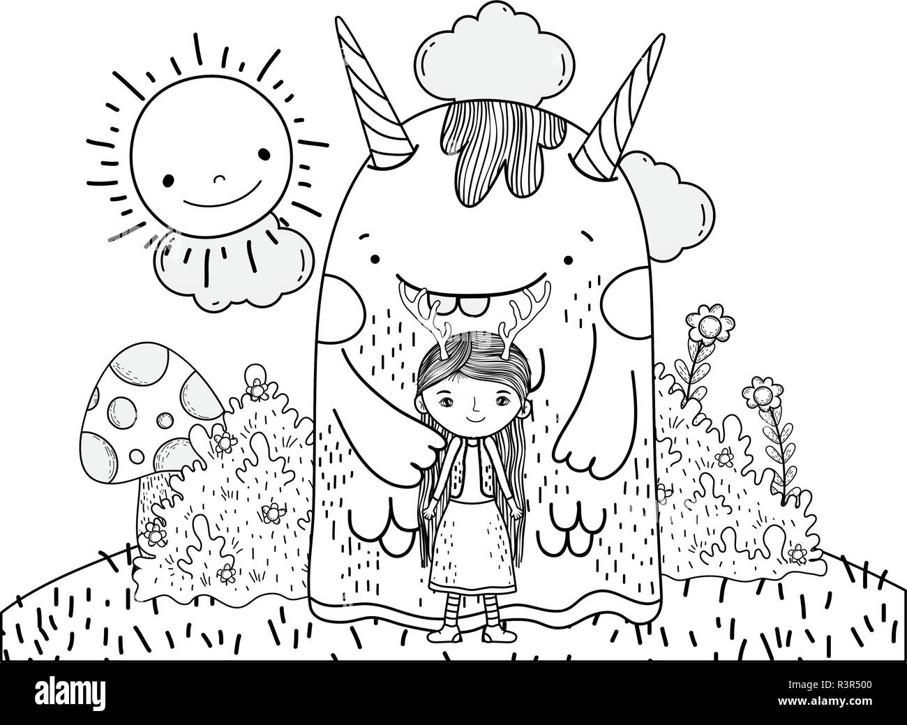 little fairy with monster in the field vector illustration design Stock ...
