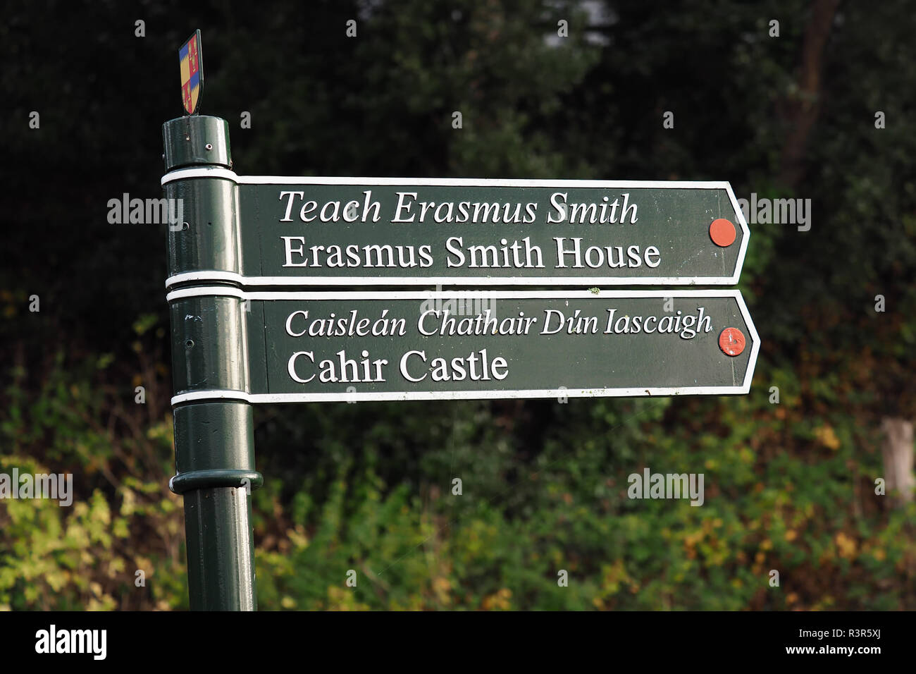 Signpost showing diections to Erasmus smith House and Cahir Castle in ...