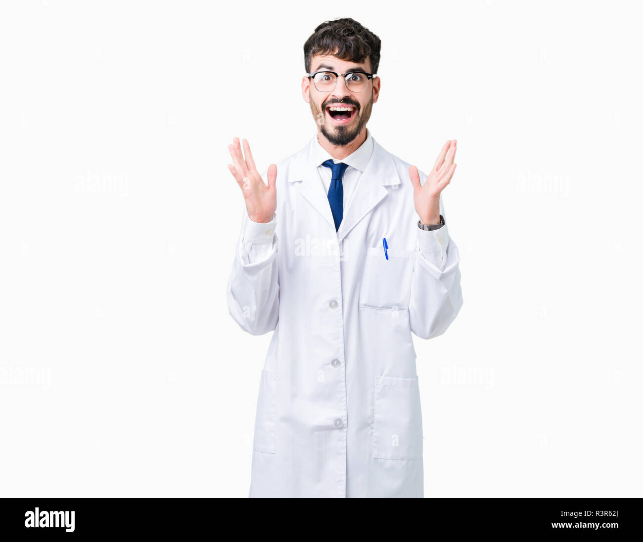 Young professional scientist man wearing white coat over isolated ...
