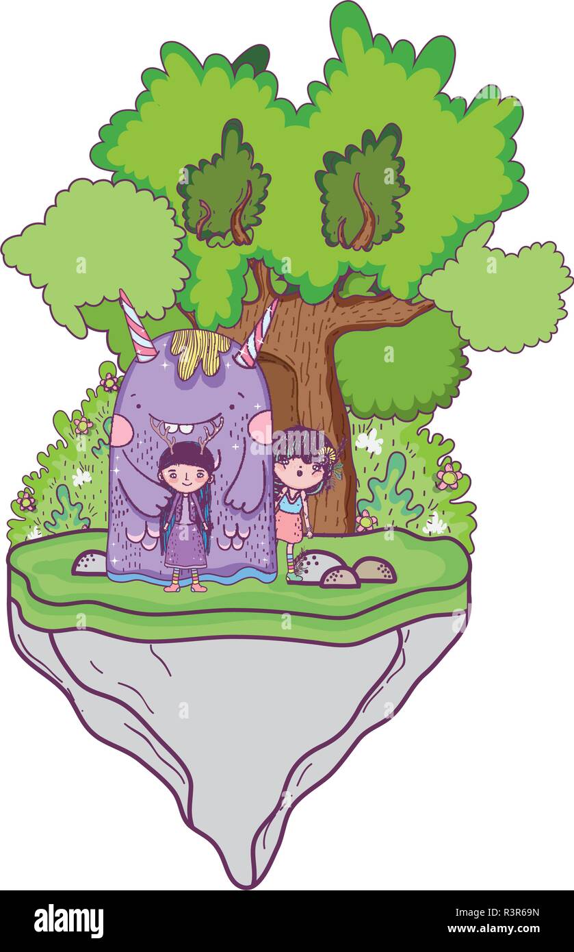 little fairy with monster in the field and tree vector illustration ...