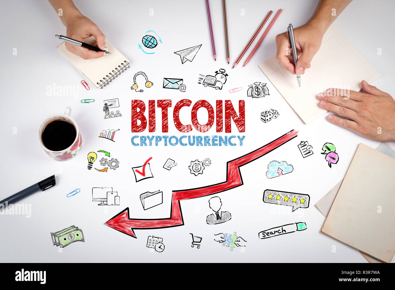 Bitcoin price crash concept with icons. The meeting at the white office ...