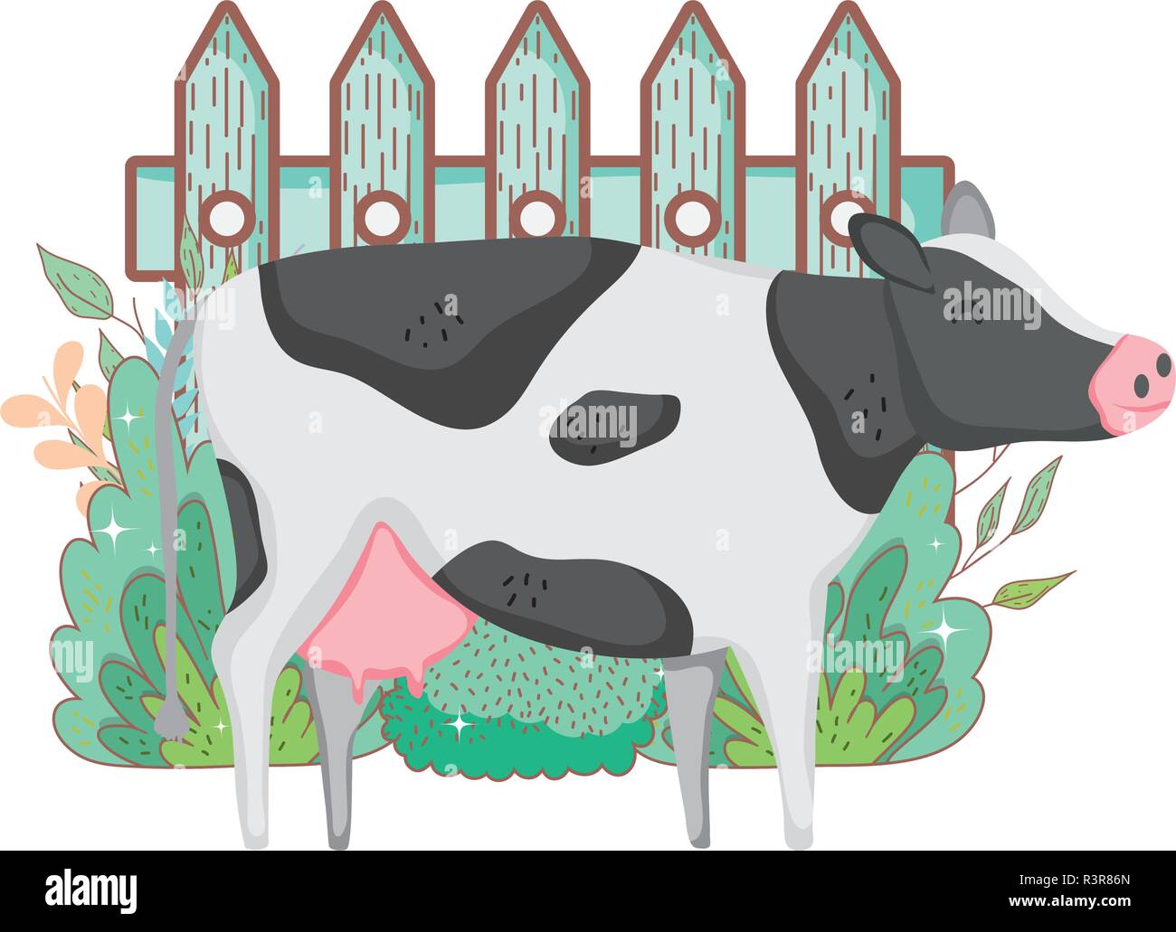 cow farm animal with garden and fence vector illustration design Stock ...