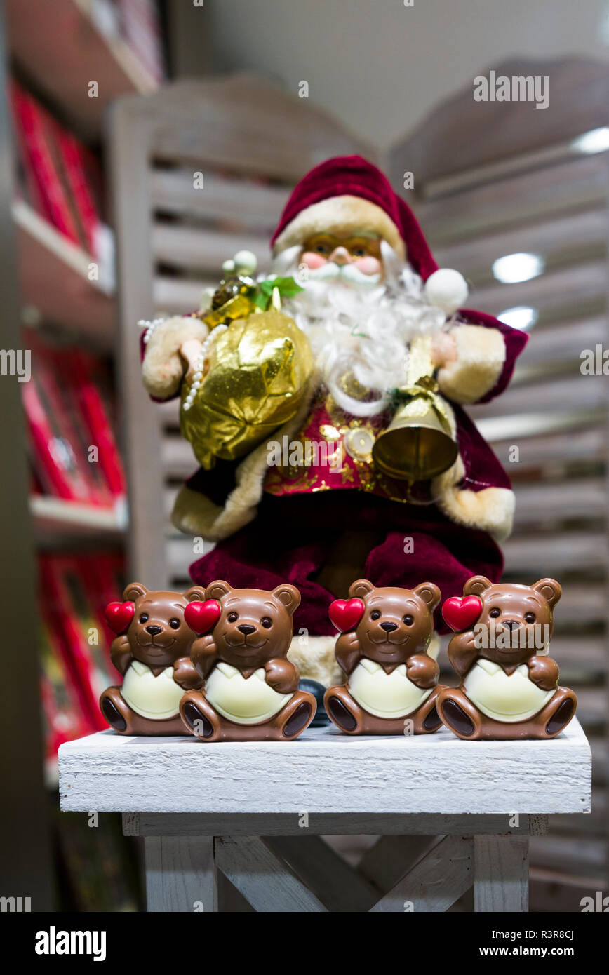 Belgium, Bruges. Belgian chocolate shop, Santa Claus chocolates Stock ...