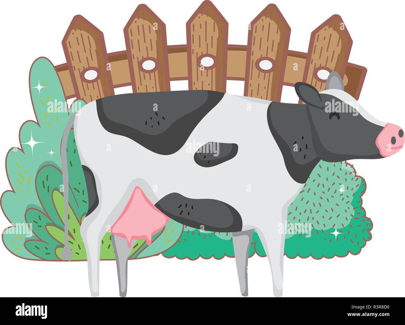 cow farm animal with garden and fence vector illustration design Stock ...