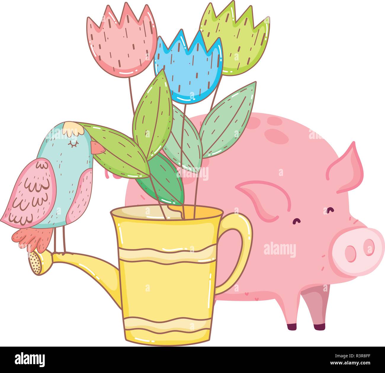 pig animal farm with sprinkler and flowers vector illustration design ...
