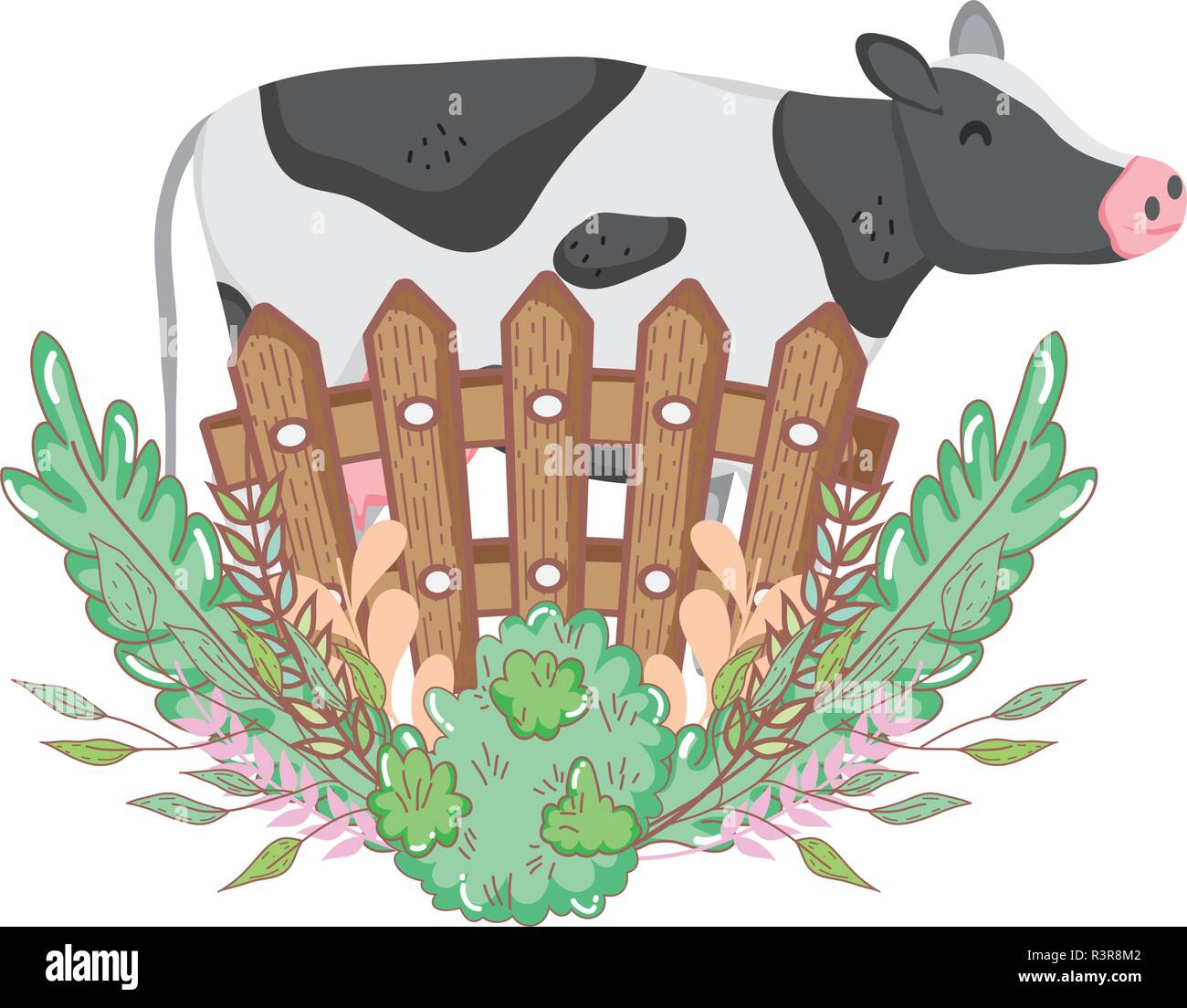 cow farm animal with garden and fence vector illustration design Stock ...