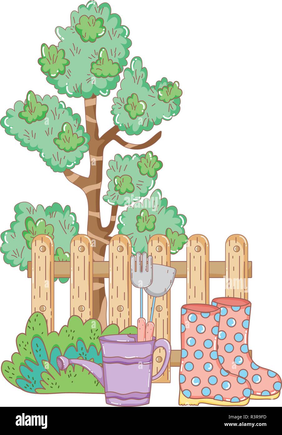 tree plant with garden and sprinkler vector illustration design Stock ...