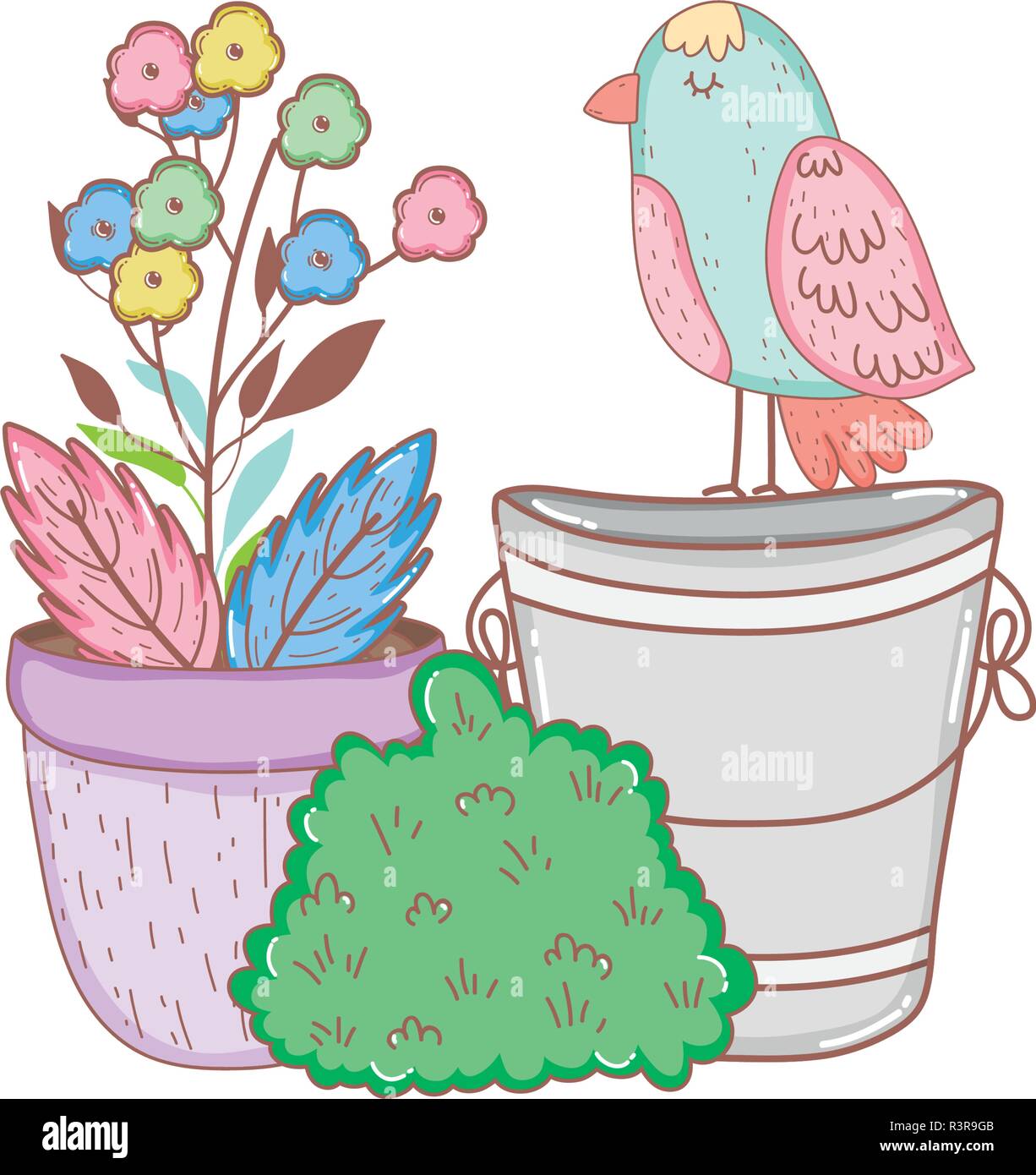 beautiful bird in metal bucket with flowers vector illustration design ...
