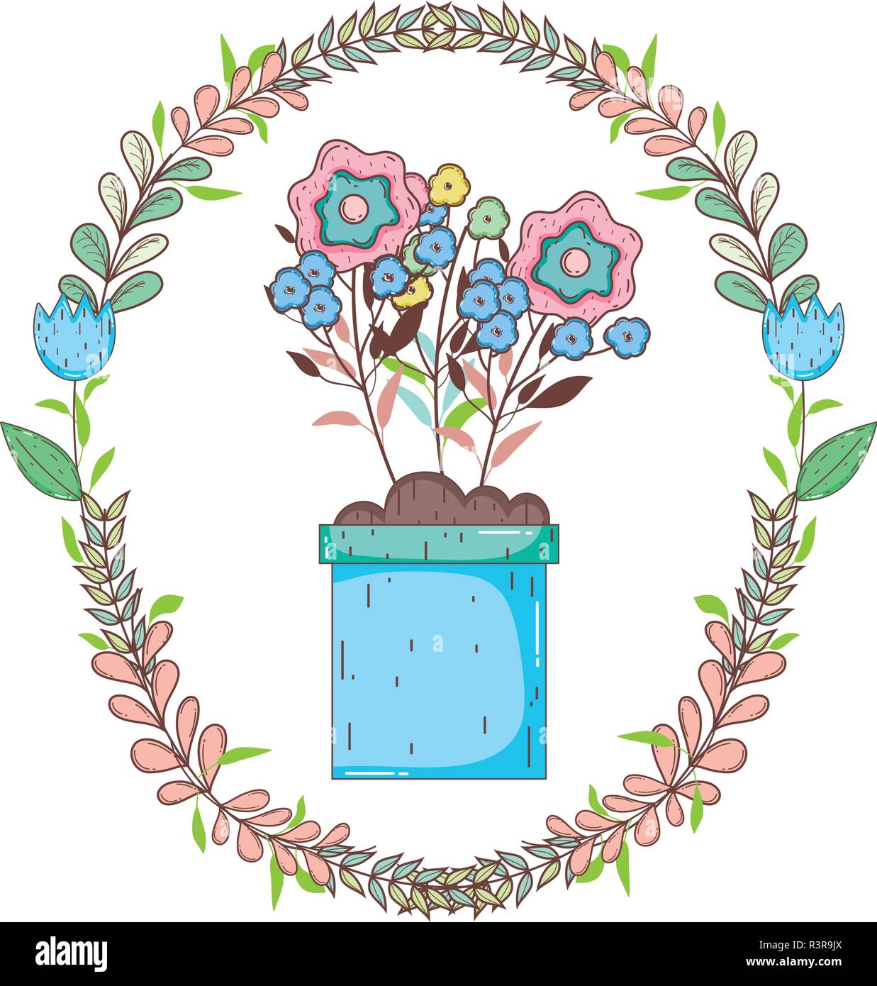 flowers in garden pot with wreath crown vector illustration design ...