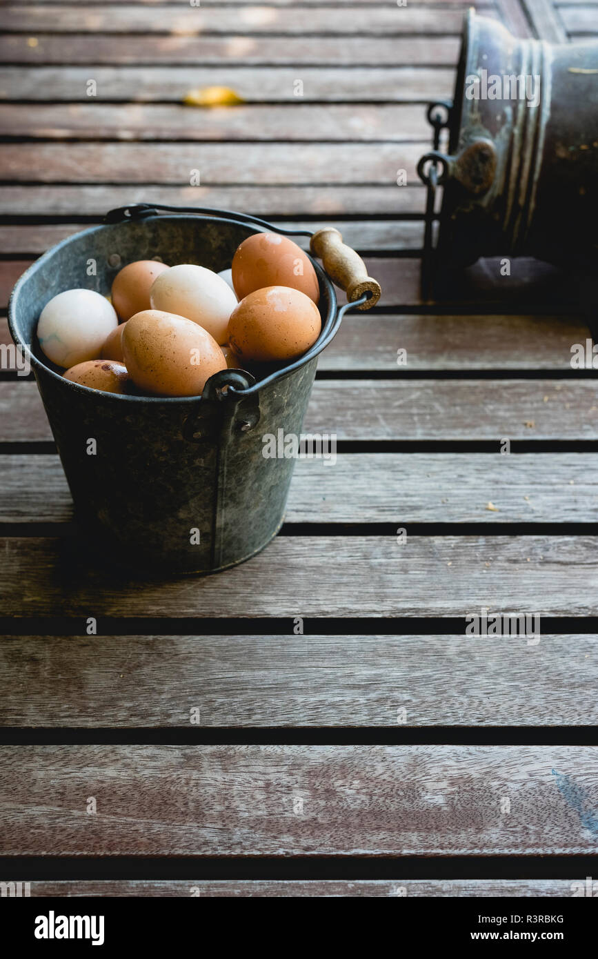 Metal bucket full of organic chicken eggs Stock Photo - Alamy