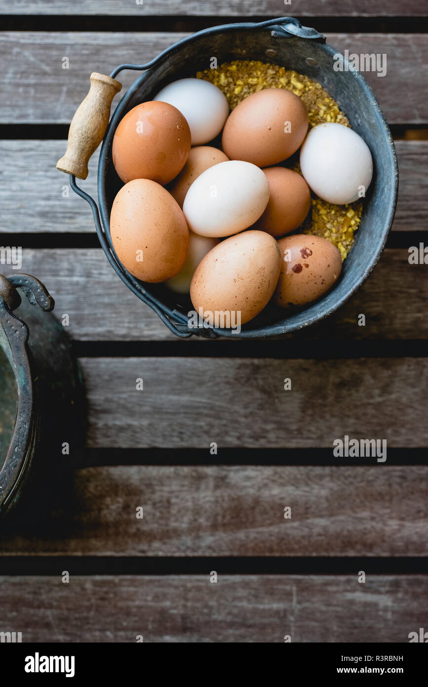 Bucket full of chicken eggs and wicker basket Stock Photo - Alamy