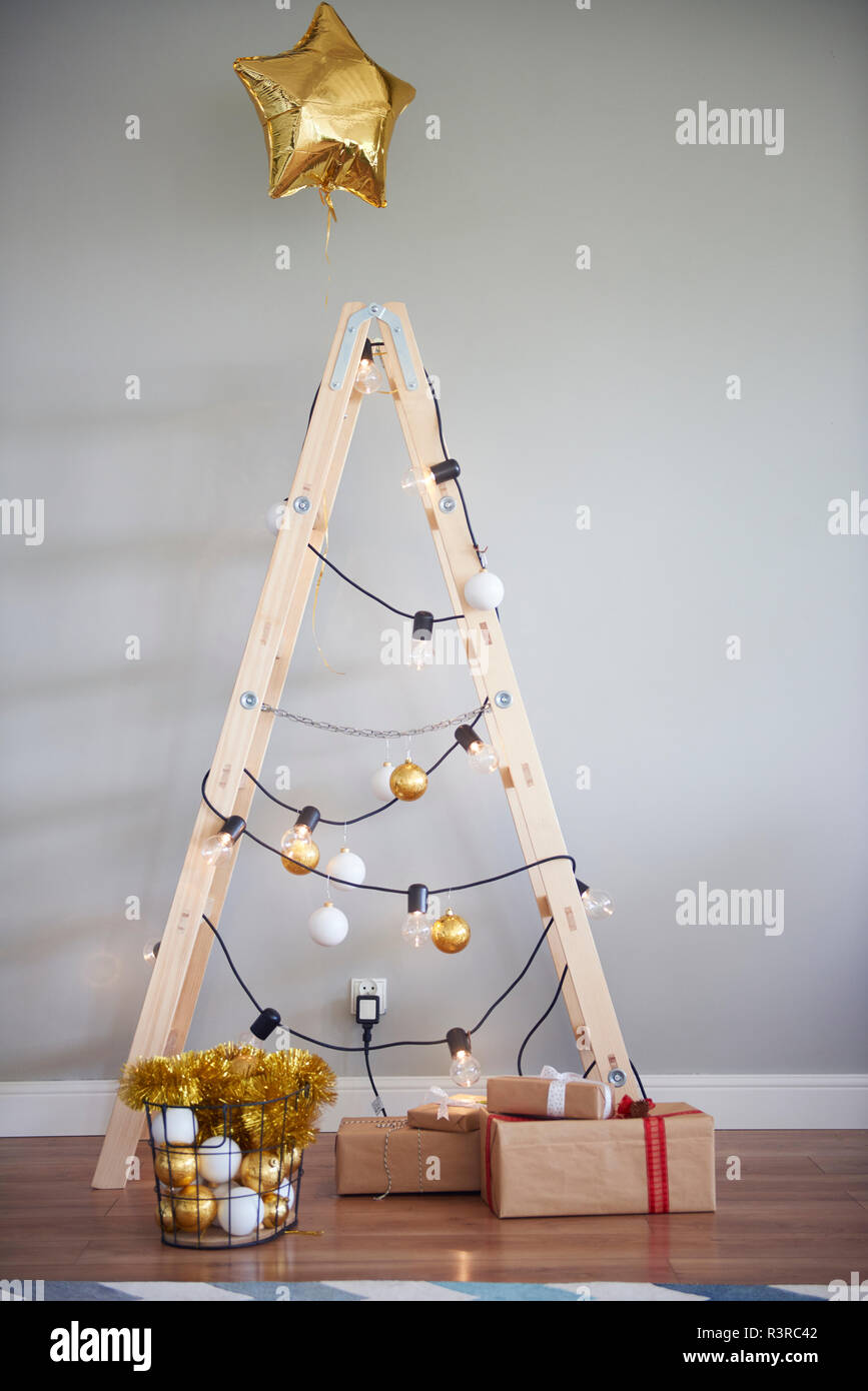 Christmas tree made from ladder Stock Photo - Alamy