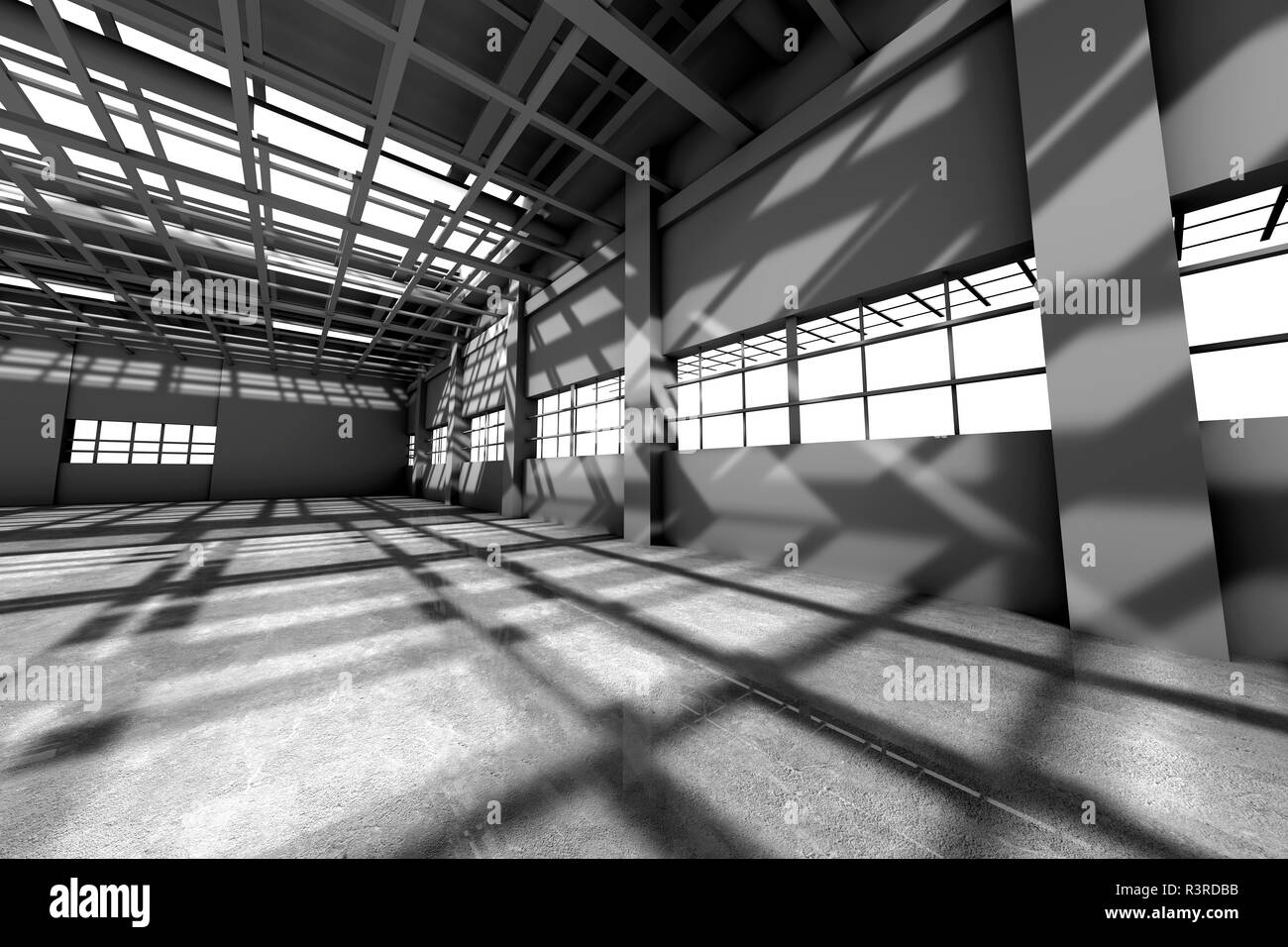 Architecture visualization of an empty warehouse, 3D Rendering Stock ...