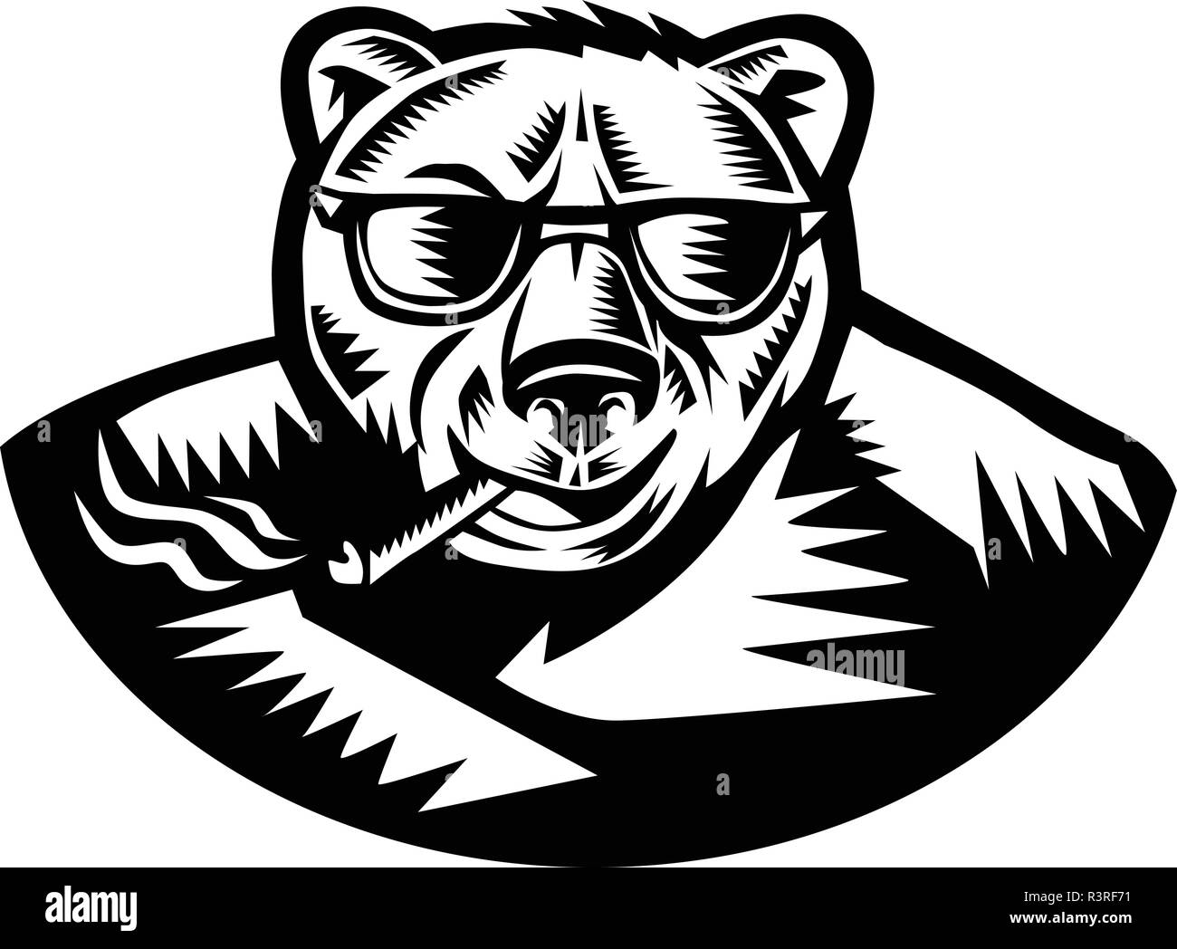 Retro woodcut style illustration of a grizzly bear smoking a cigar ...