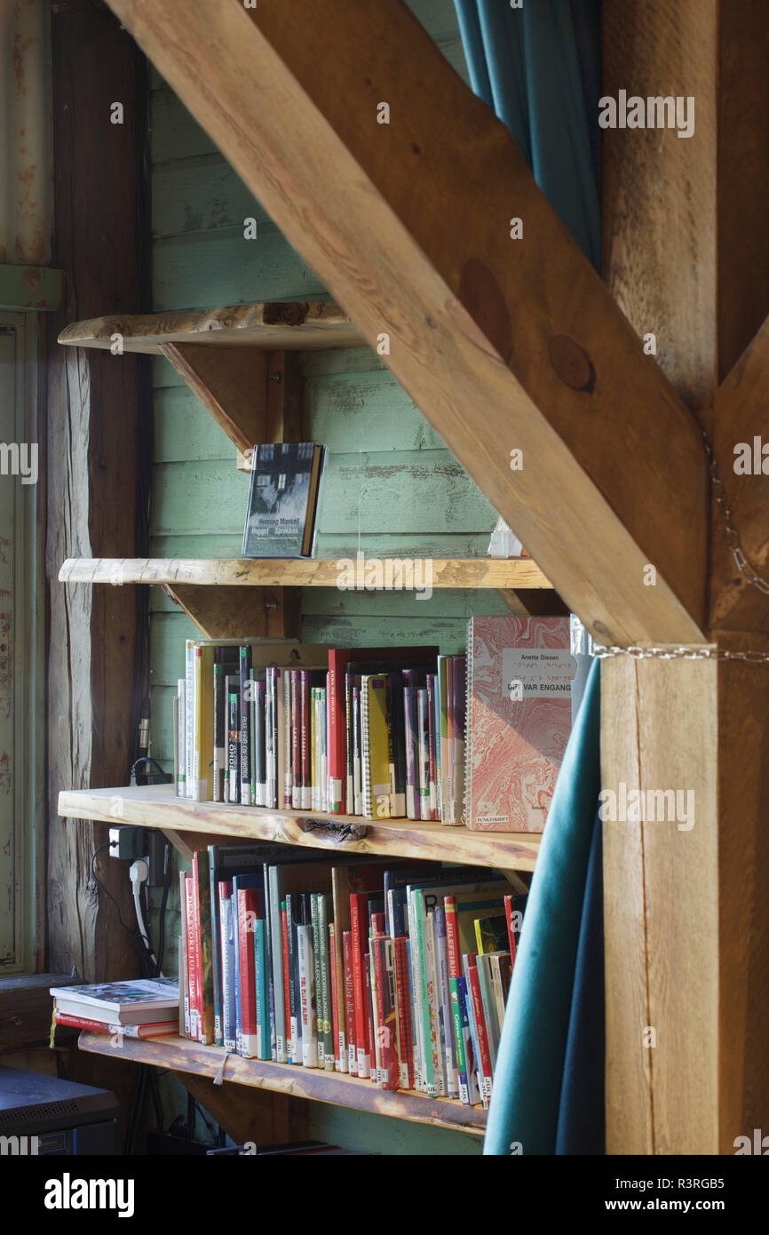 Timber shelving and heavy timber supports against green timber wall ...