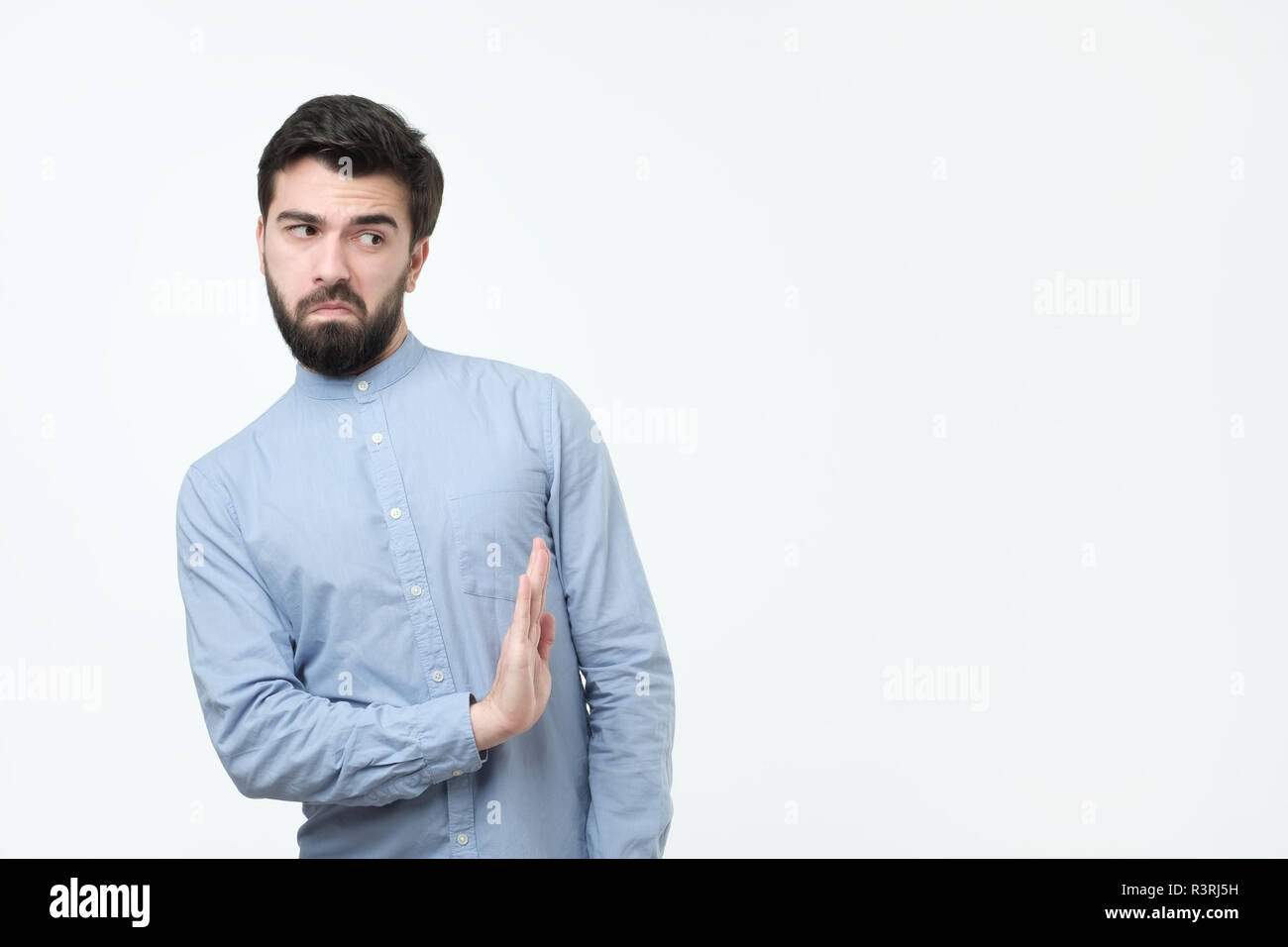Attractive Spanish Man With Beard Shows Refusal Gesture E Has Sad
