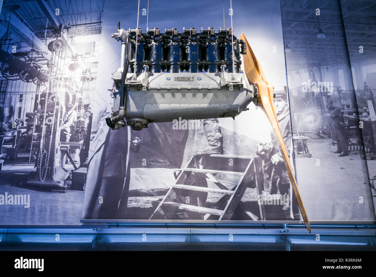 Germany, Bavaria, Munich. BMW Museum, early BMW aircraft engine ...