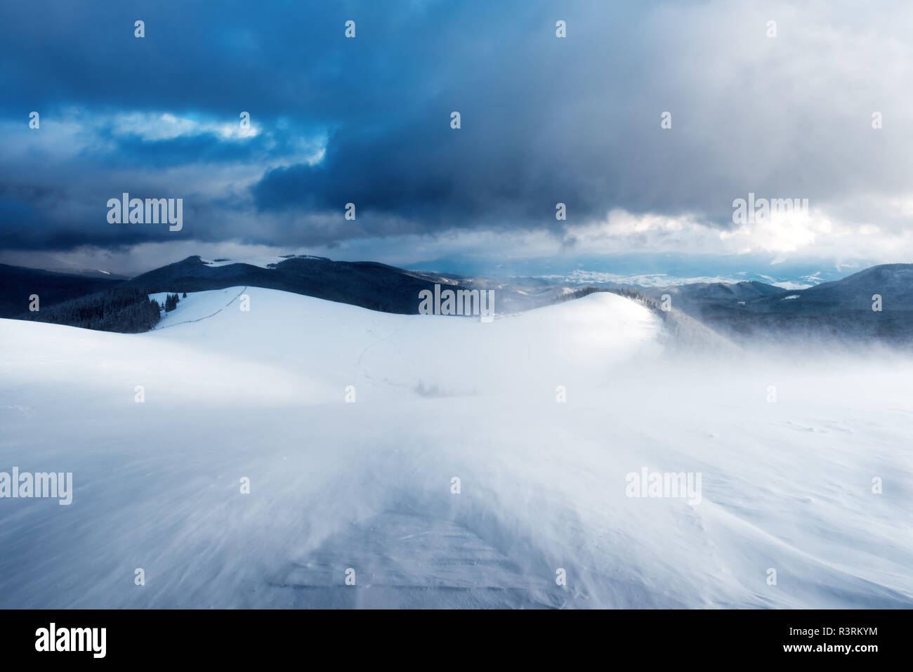 Fantastic winter landscape with snowy hills. Carpathian mountains ...