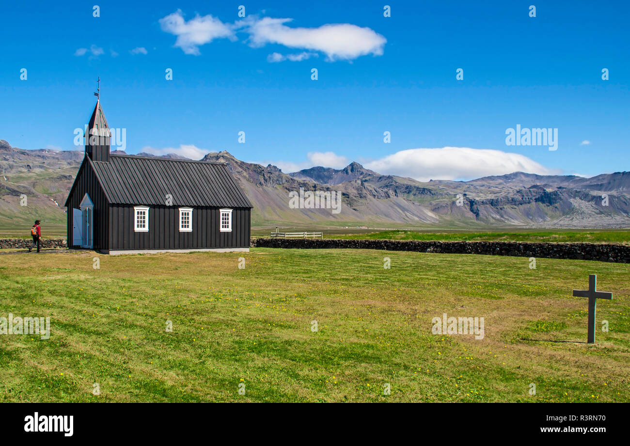 Iceland, Budir, Arnarstapi. Snaefellsnes peninsula, black wooden church ...