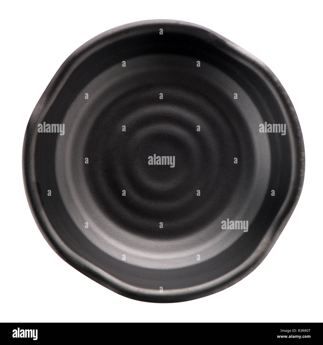Empty black plate, top view isolated on white Stock Photo - Alamy