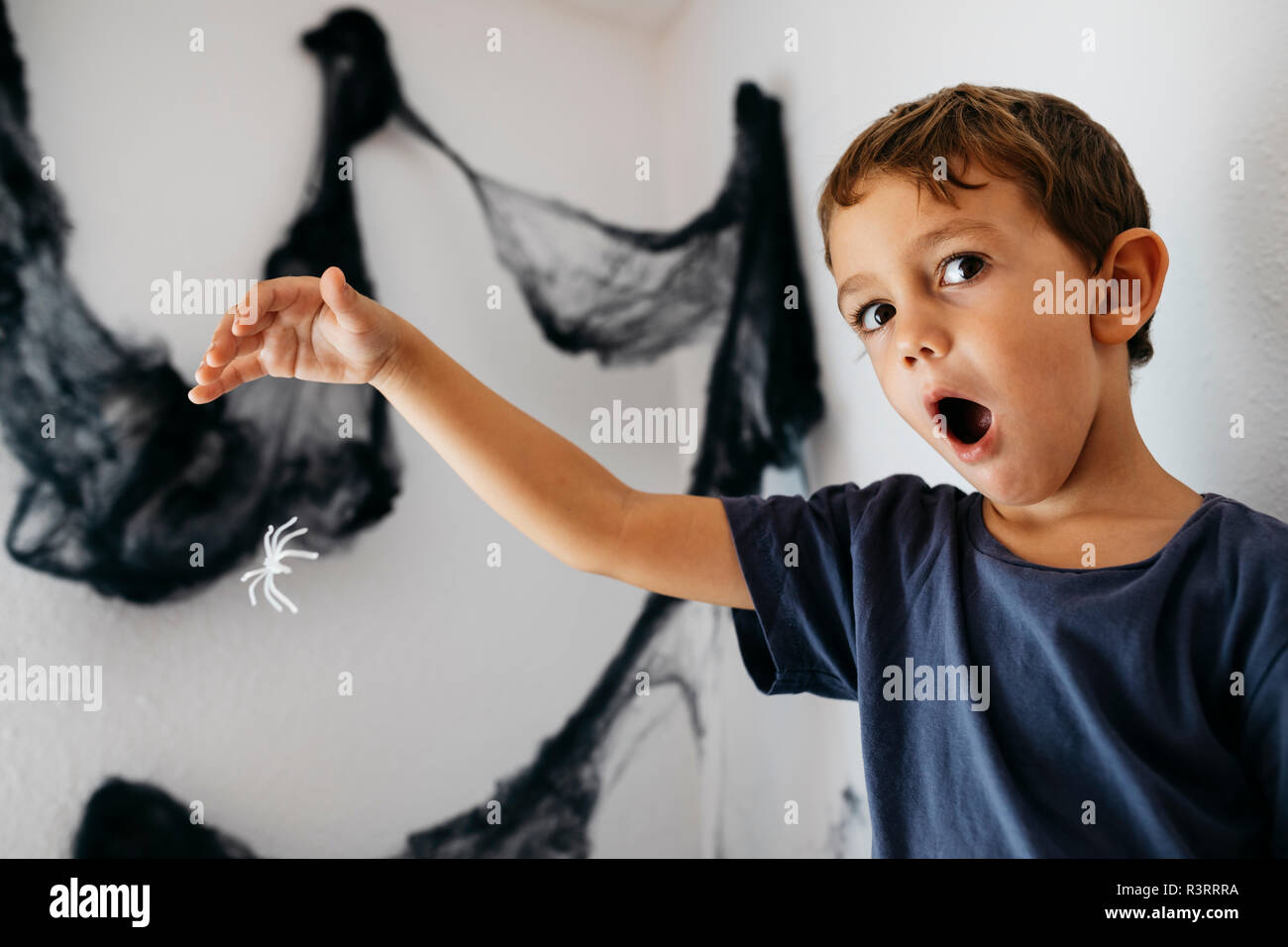 Portrait of little boy with toy spider Stock Photo - Alamy