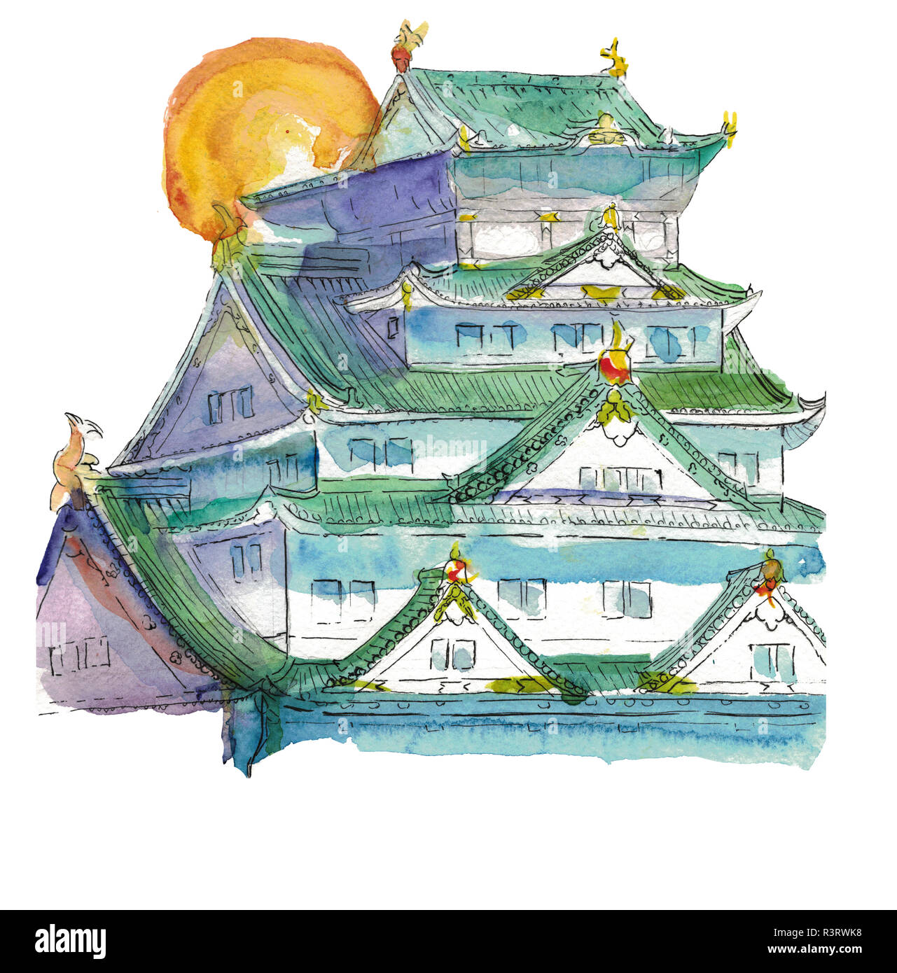Watercolour hand drawn illustration of traditional old Japan castle ...