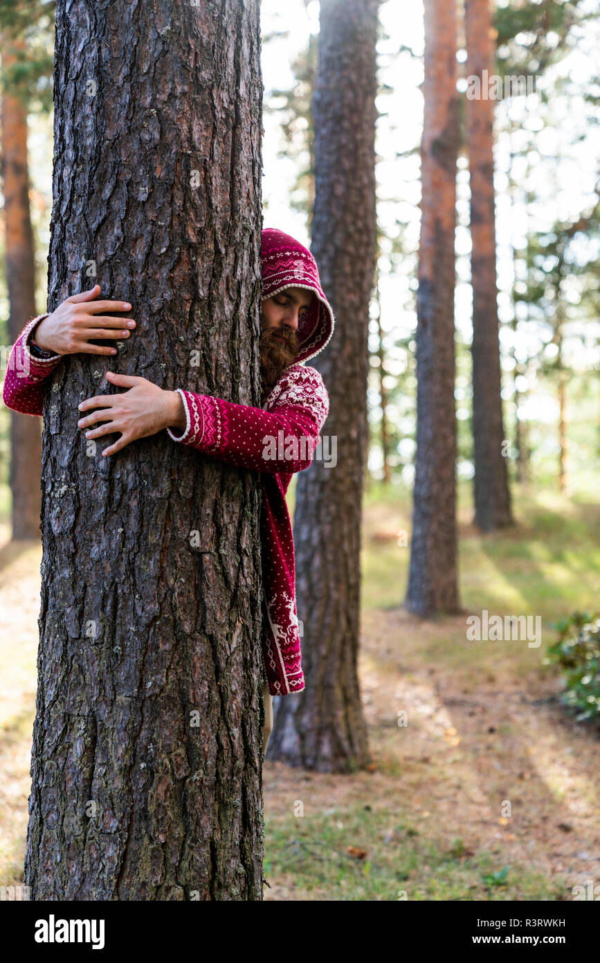 Finland, Young man hugging trees in a forest Stock Photo - Alamy