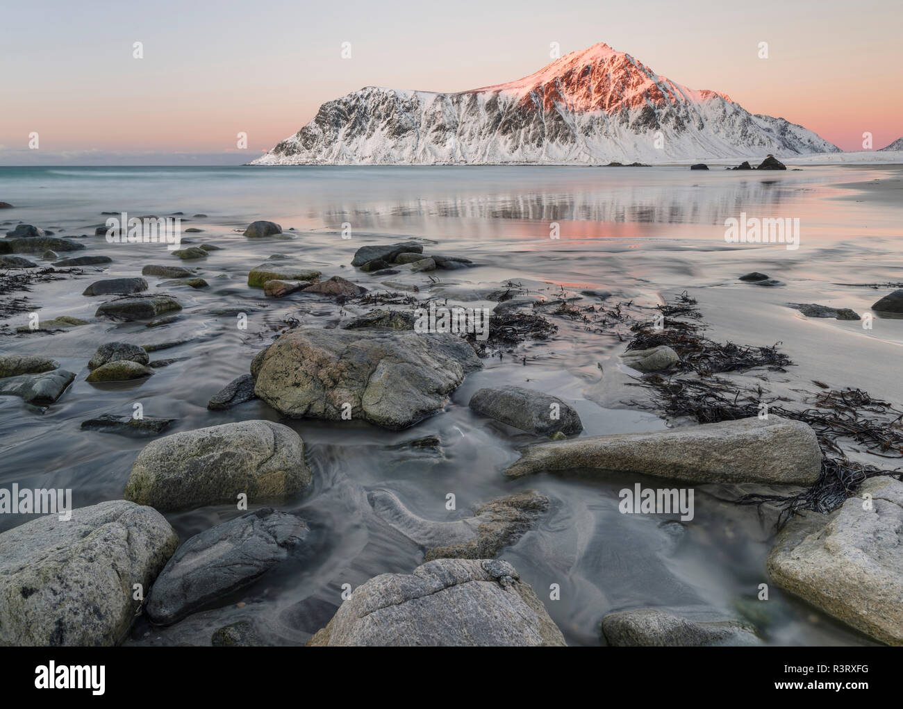 Sunrise over Flakstad and Skagsanden beach. The coast near Flakstad ...