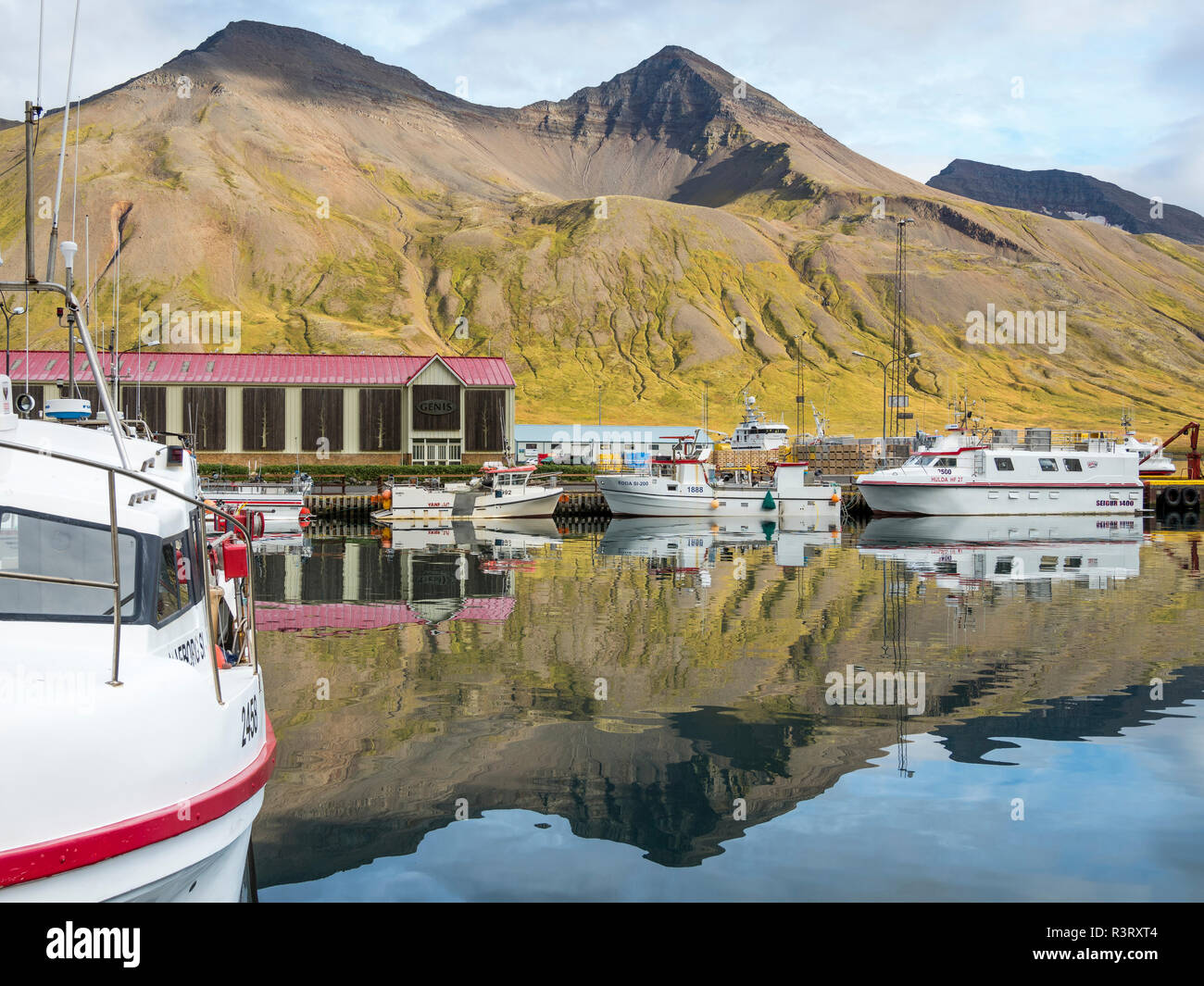 Harbor in Siglufjordur on the Trollaskagi peninsula in Iceland ...