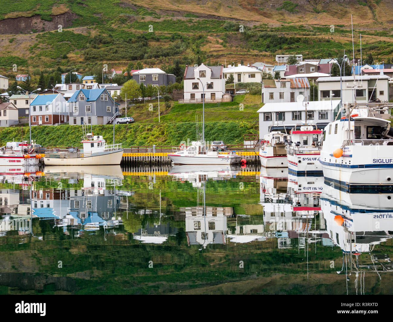Harbor in Siglufjordur on the Trollaskagi peninsula in Iceland ...
