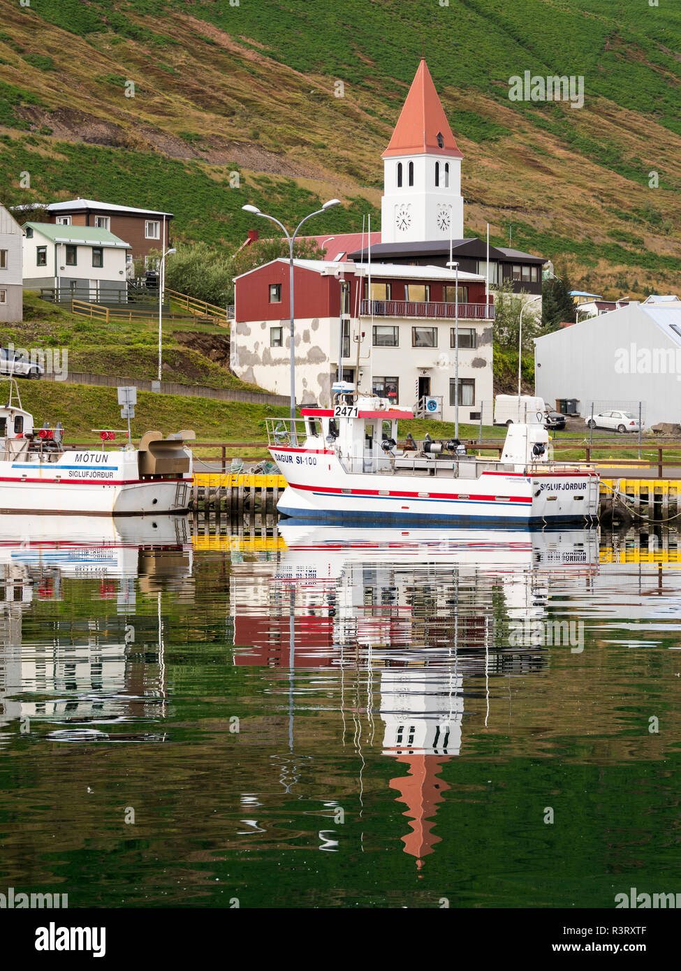 Harbor in Siglufjordur on the Trollaskagi peninsula in Iceland ...