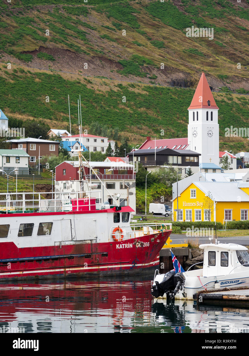 Harbor in Siglufjordur on the Trollaskagi peninsula in Iceland ...