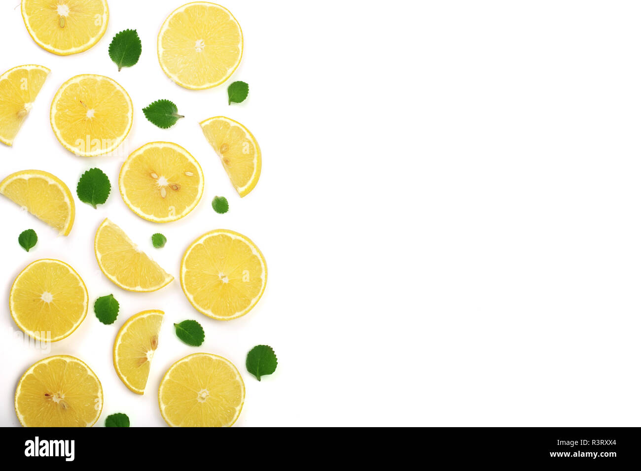Slices lemon with mint leaves isolated on white background with copy ...