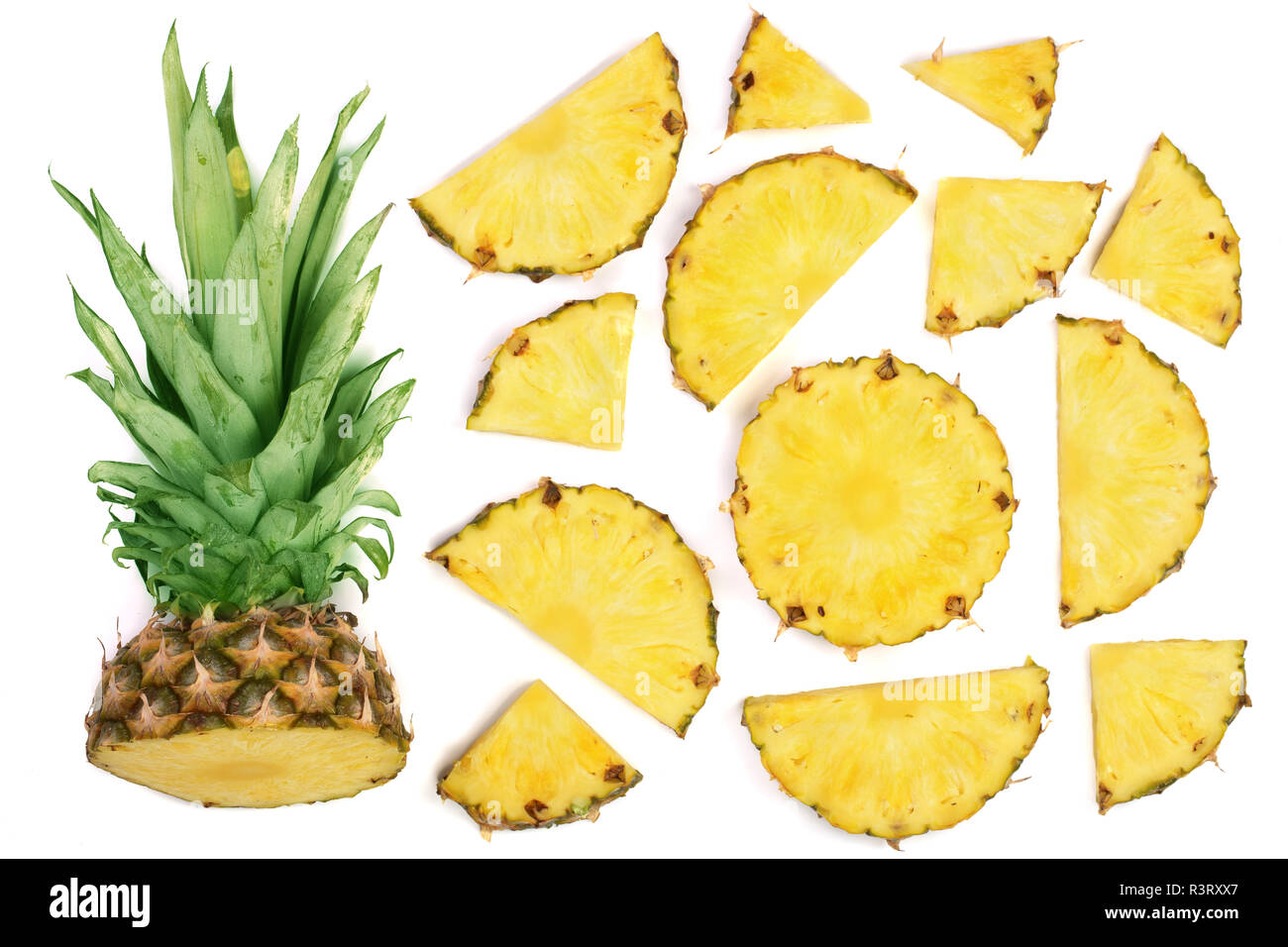 Sliced pineapple isolated on white background. Top view. Flat lay ...