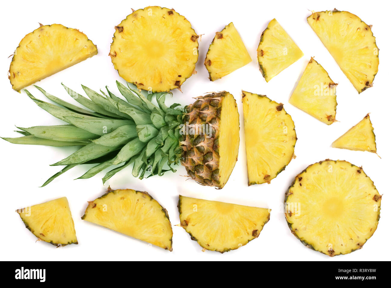 Sliced pineapple isolated on white background. Top view. Flat lay ...