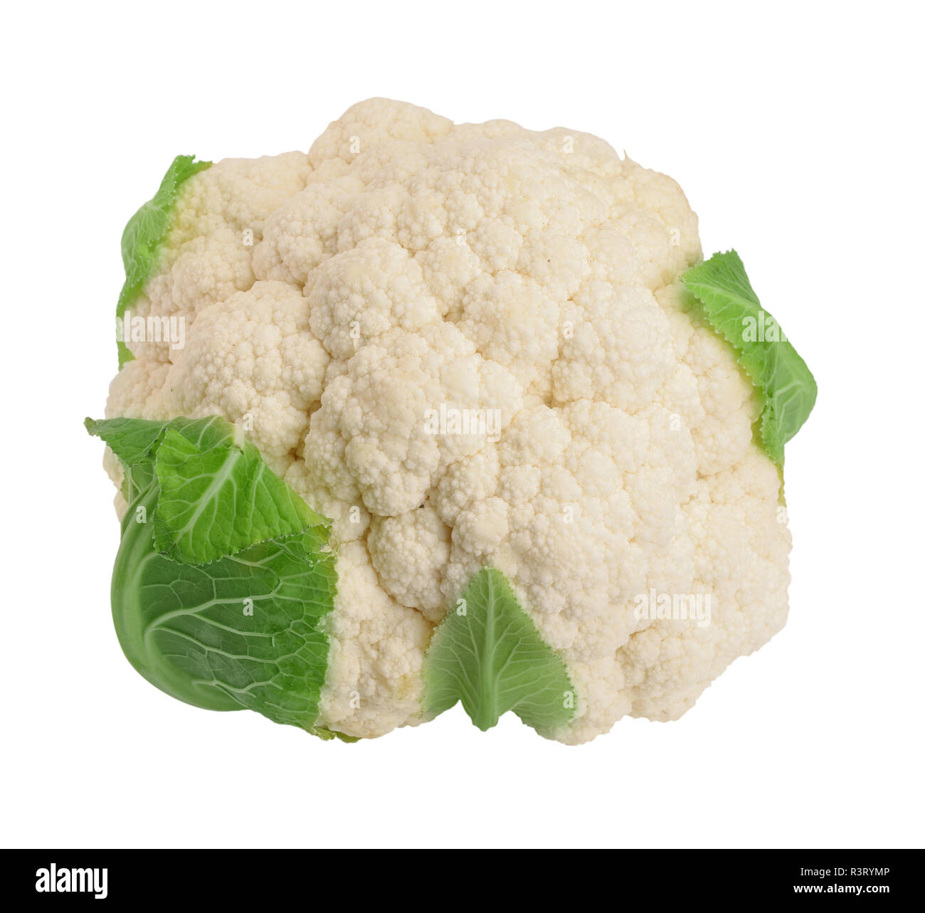 Ripe cauliflower with green leaves isolated on white background ...