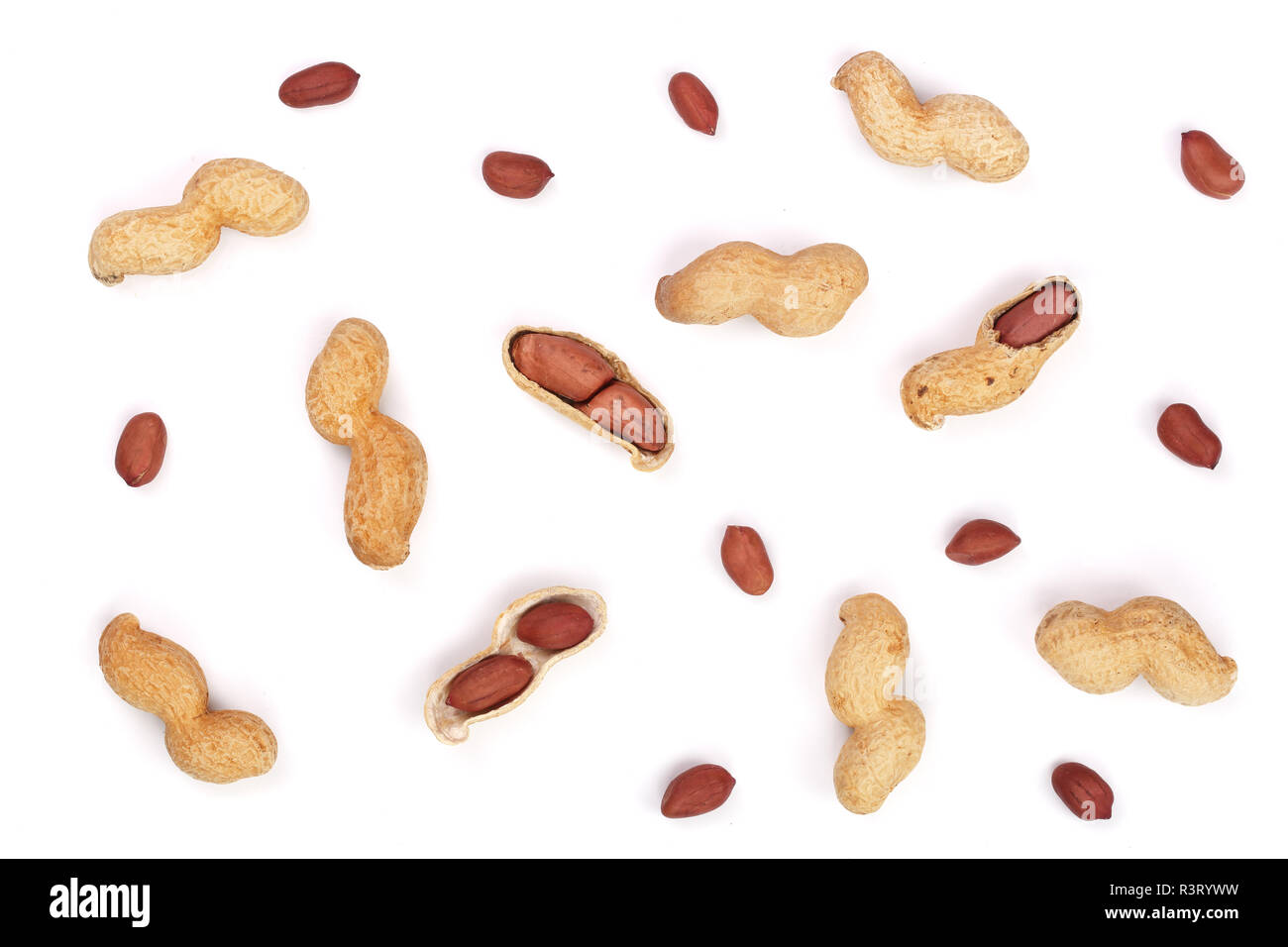 Peanuts with shells isolated on white background, top view. Flat lay ...
