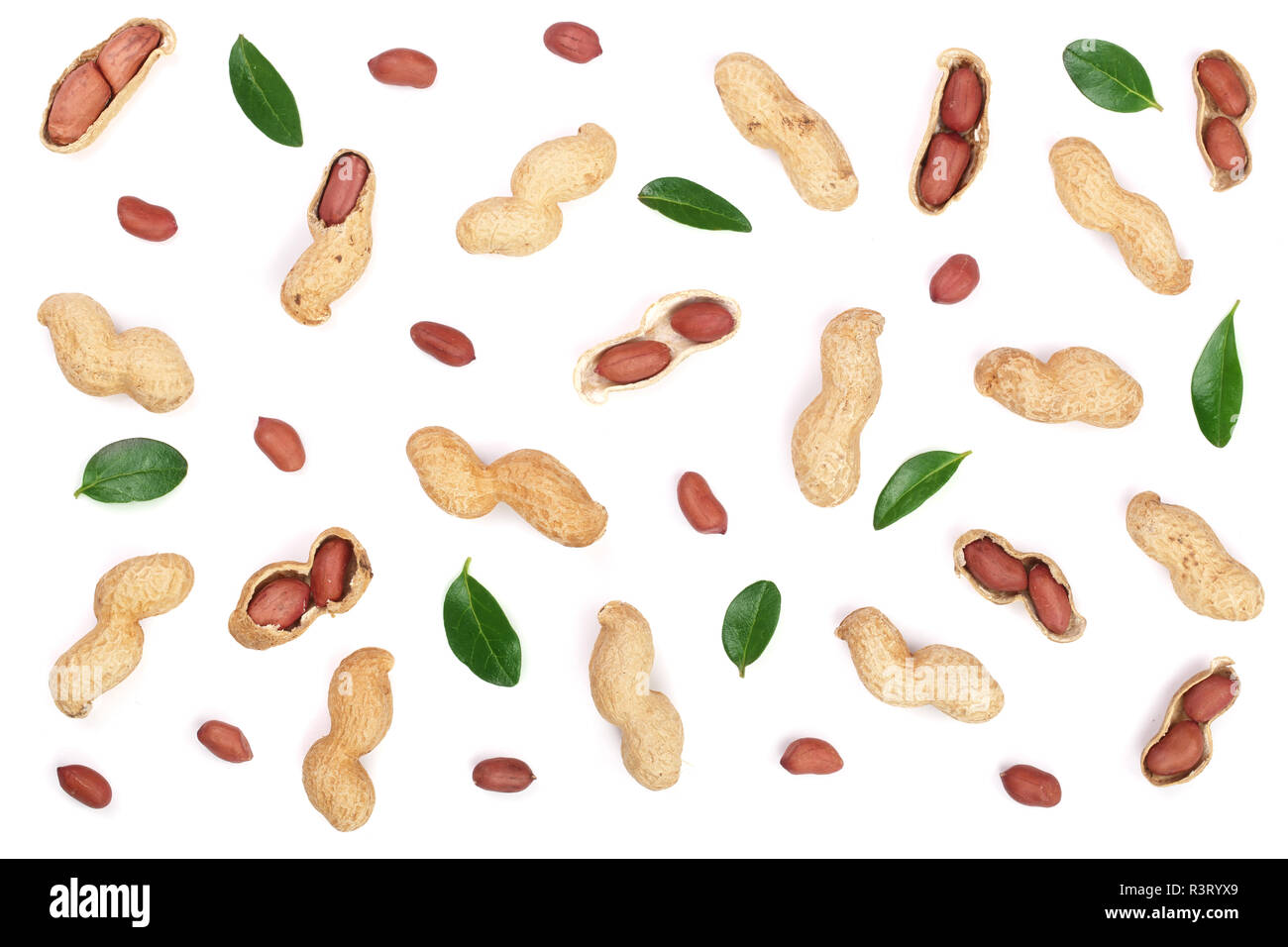 Peanuts with shells isolated on white background, top view. Flat lay ...