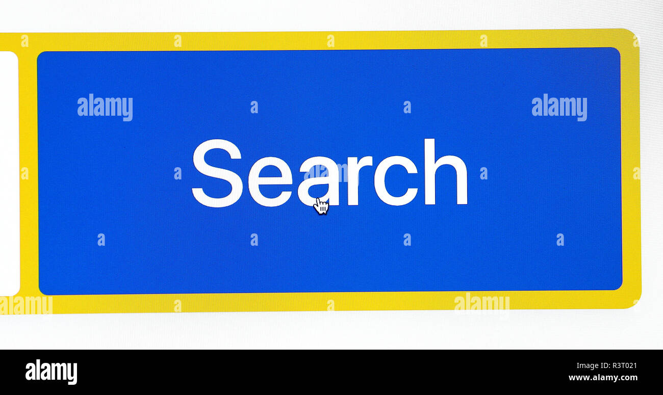 Hand Mouse Cursor Clicks The Blue Search Button. Close Up View Of A ...