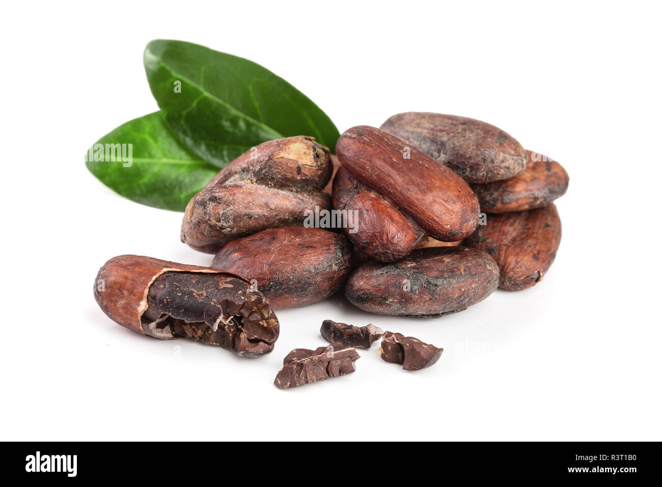 unpeeled cocoa bean with leaf isolated on white background Stock Photo ...