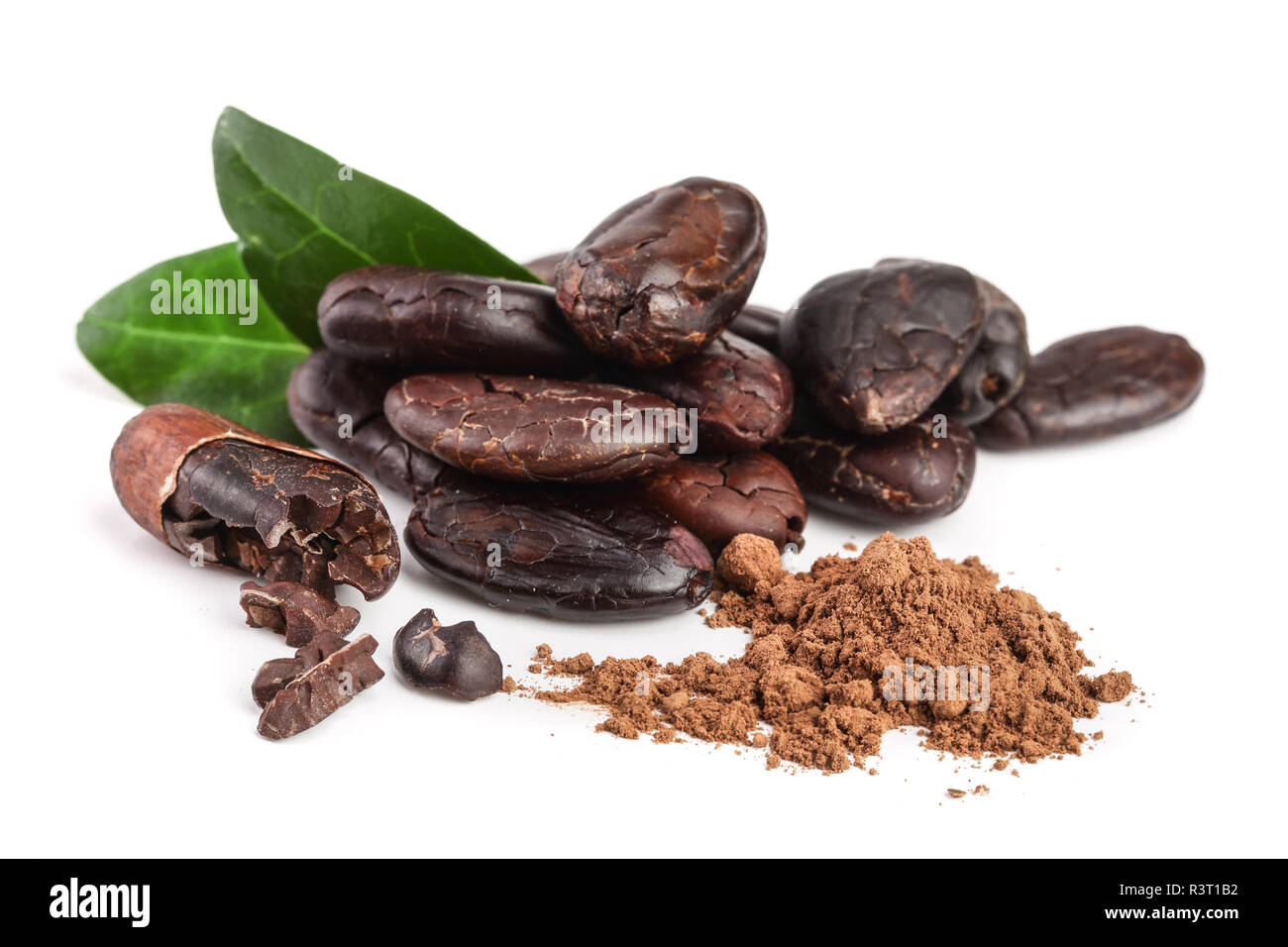 peeled cocoa bean with leaf and cocoa powder isolated on white ...