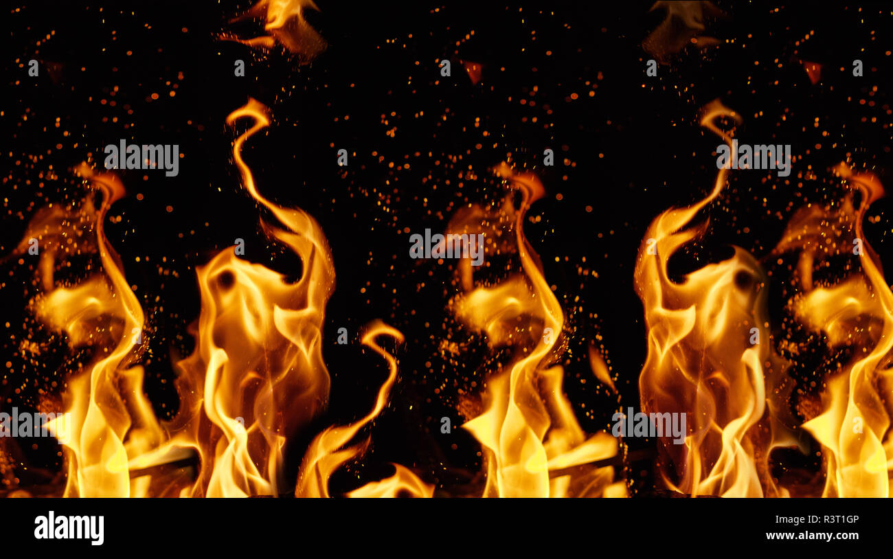 bright orange and yellow flames with sparks, banner Stock Photo - Alamy